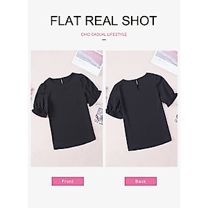 Dokotoo Womens Elegant Puff Short Sleeve Crewneck Chiffon Summer Tops, Casual Loose Office Work Shirts - Black Medium