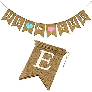 GCQQ He or She Banner, No DIY He or She Burlap Banner, Gender Reveal Burlap Banner, Baby Shower Banner Sign for Girls or Boy Baby Shower, Gender Reveal, Welcome Baby Backdrop Decoration