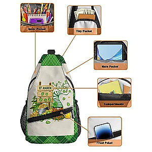 Sling Backpack, St.Patrick's Day Shamrocks Gnome Buffalo Plaid Green Waterproof Lightweight Small Sling Bag, Travel Chest Bag Crossbody Shoulder Bag Hiking Daypack for Women Men