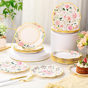 Pickmesh 60 Pcs Floral Paper Plates 7 Inches Floral Party Plates Pink Floral Disposable Dinner Plates Gold Foil Edge Paper Plate Tea Party Decoration for Baby Shower Bridal Shower Birthday Wedding
