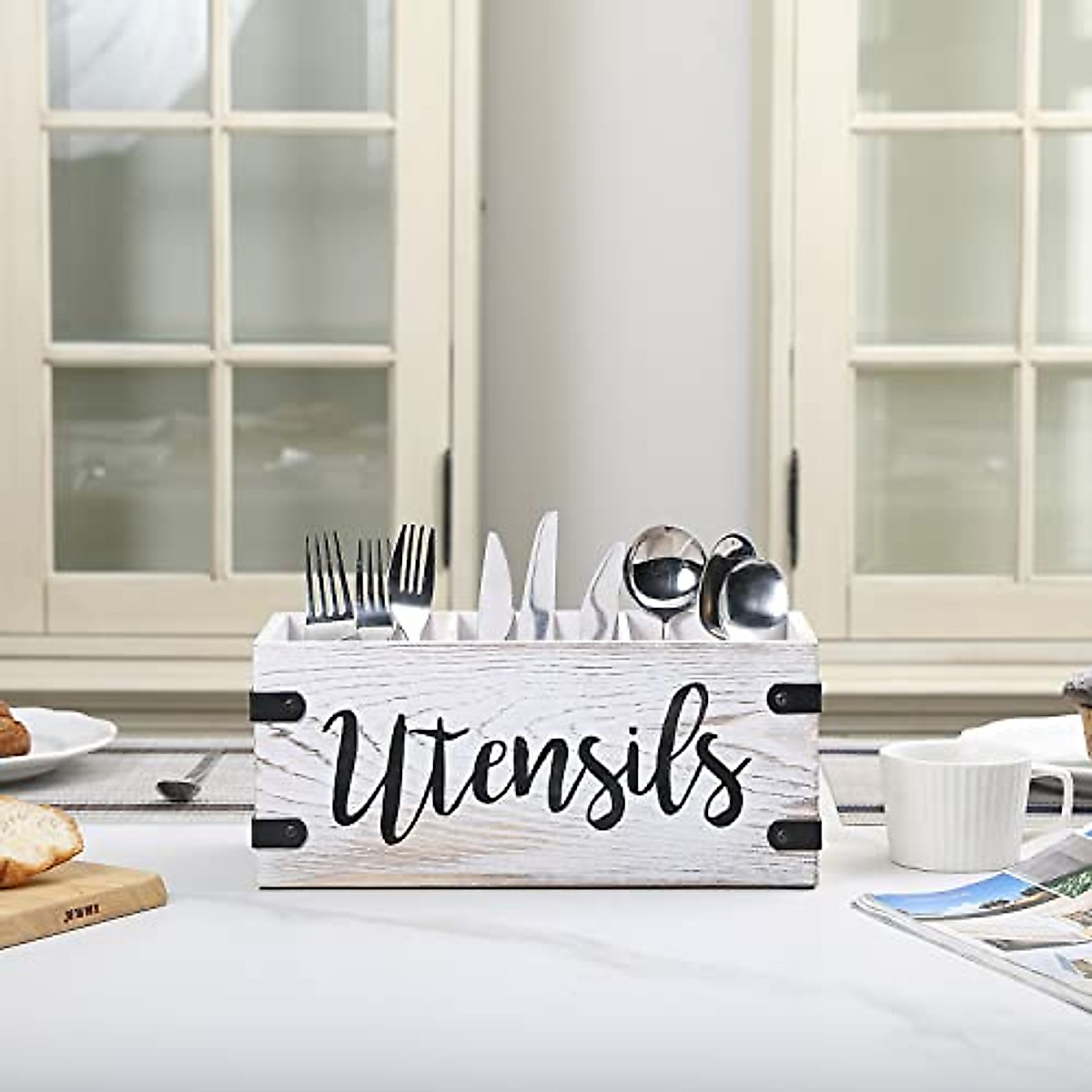 MyGift Whitewashed Solid Wood Flatware and Utensil Holder with Metal Corner Accents with 3 Compartments and Cursive UTENSILS Design