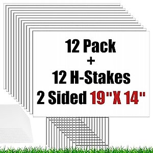 12 Pack Blank Yard Signs with Stakes, IKAYAS 19 x 14 Inches White Garden Yard Signs Yard Sale Signs Corrugated Lawn Signs for Party Yard Decorations,Garage Sale, Guidepost, Open House