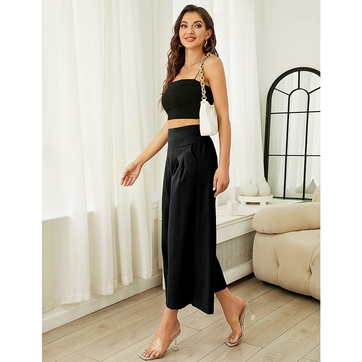 Hooever Women's Cotton Linen Culottes Pants Elastic Waist Wide Leg Palazzo Trousers Capri Pant (Black-XL)