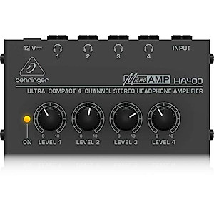 Behringer MICROAMP HA400 Ultra-Compact 4 Channel Stereo Headphone Amplifier,Silver