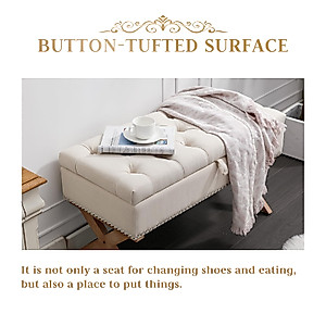 Bonzy Home Tufted Entryway Storage Bench, 36" French Vintage Bedroom Dining Room Benches with X-Shaped Legs, Fabric End of Bed Bench for Bedroom Dining Room Living Room Entryway, Beige
