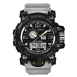 WISHFAN Men’s Military Watch, Dual-Display Waterproof Sports Digital Watch Big Wrist for Men with Alarm (Grey)