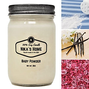 Nika's Home Baby Powder Soy Candle 12oz Mason Jar Non-Toxic White Soy Candle-Hand Poured Handmade, Long Burning 50-60 Hours Highly Scented All Natural, Clean Burning Large Candle Gift Décor
