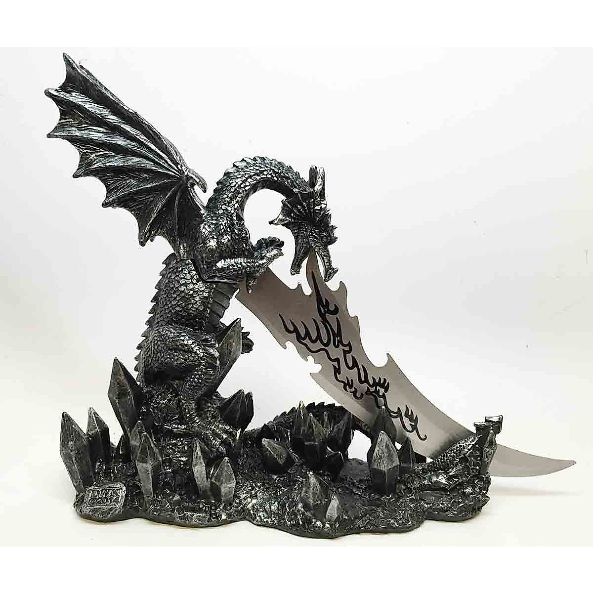 Ebros Medieval Dreamwork Fantasy Dragon Fire Breath Dagger Letter Opener Knife With Base Holder Statue Home Office Decor Figurine Dungeons And Dragons GOT Obsidian Blade