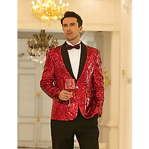 COOFANDY Shiny Sequins Suit Jacket Blazer One Button Tuxedo Christmas Nightclub Red