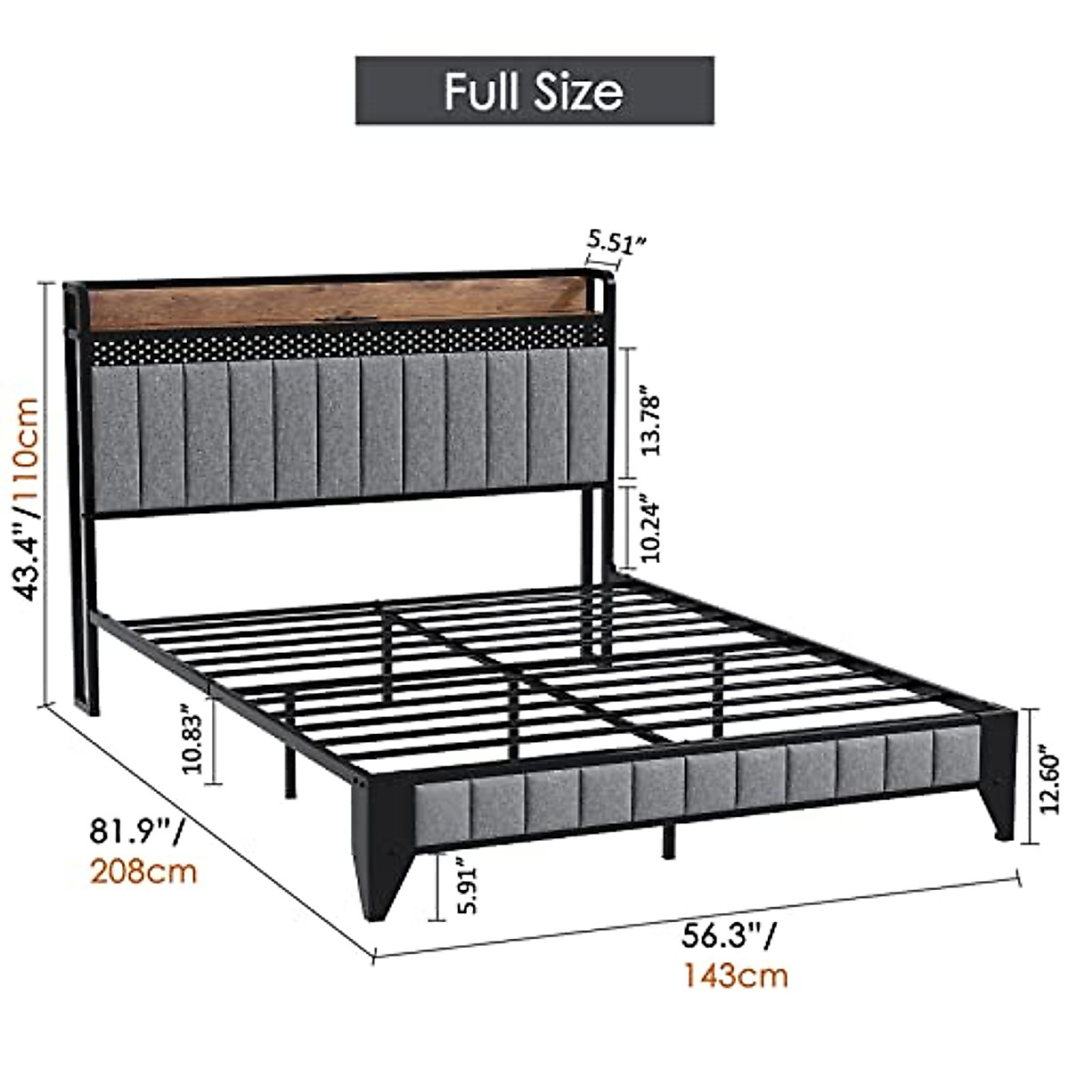 Saudism Full Size Bed Frame with Charging Station, Bed Frame with Led Lights, Full Platform Bed Frame with Soft Storage Headboard, Sturdy and Durable, No Box Spring Needed, Rustic Wood + Steel, Grey