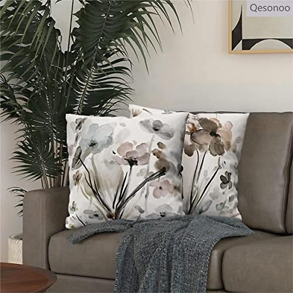 Qesonoo Flower Throw Pillow Covers 18x18 Set of 2, Flowers Pillow Cushion Cases, Modern Decorative Square Pillowcases for Sofa Couch Bedroom Living Room Car