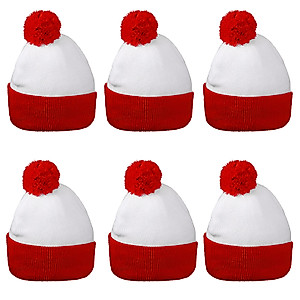 Yaomiao Red and White Beanie Pom Pom Hat Christmas Cuff Knit Beanies for Men Women Adult Winter(6 Pcs)