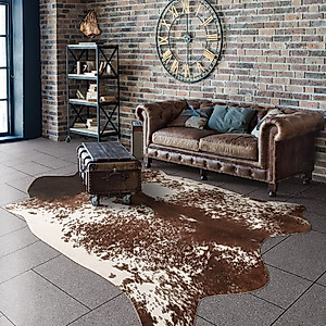 Chicrug Exquisite Faux Fur Cowhide Rug, 4.6 x 5.2 Feet Cow Hide Western Room Decor Rug for Living Room Bedroom, Non Slip Cute Cow Animal Print Floor Carpet for Kids Family, White and Brown