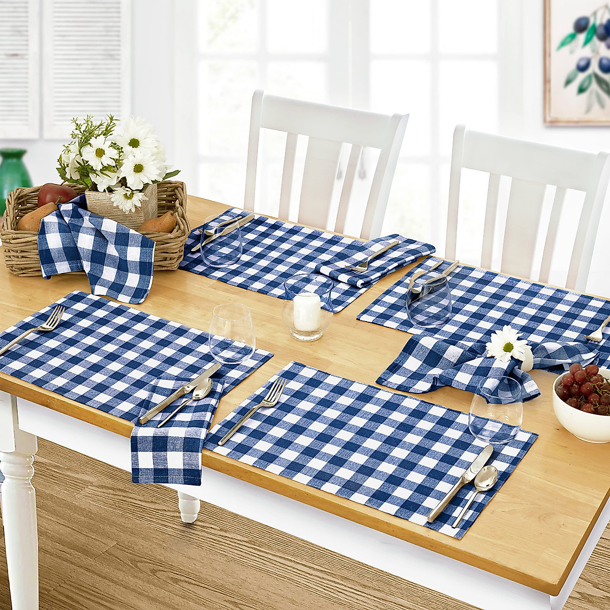 Home Bargains Plus Country Rustic Buffalo Plaid Blue Bundle Including Table Runner, Placemats, and Napkins