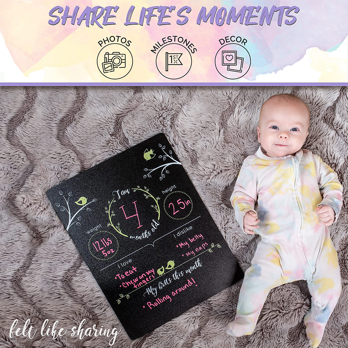 Felt Like Sharing Baby Milestone Chalkboard Sign, Nursery Decor, Baby Message Board – Cute Photo Milestone Board, Baby Growth Chalkboard w/ 3 Chalk Markers