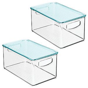 mDesign Plastic Baby Storage Bin Box Organizer Container with Lid/Handles for Organizing Playroom, Nursery, Dresser - Holds Diapers, Baby Clothes, Wipes, Toys, Ligne Collection, 2 Pack, Clear/Blue