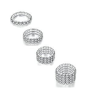 Sparkling Rhinestone Ring Set Trendy Elastic Rhinestone Crystal Stretch Ring Stackable Jewelry for Women Girls-Silver