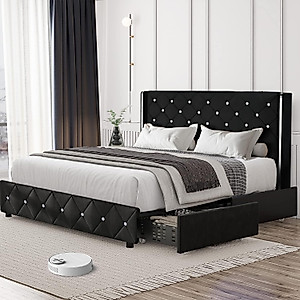 4 EVER WINNER Queen Size Bed Frame with 4 Storage Drawers, Velvet Tufted Diamond Platform Bed Frame with Upholstered Wingback Headboard, Heavy Duty Solid Wood Slats Support, No Box Spring Need, Black