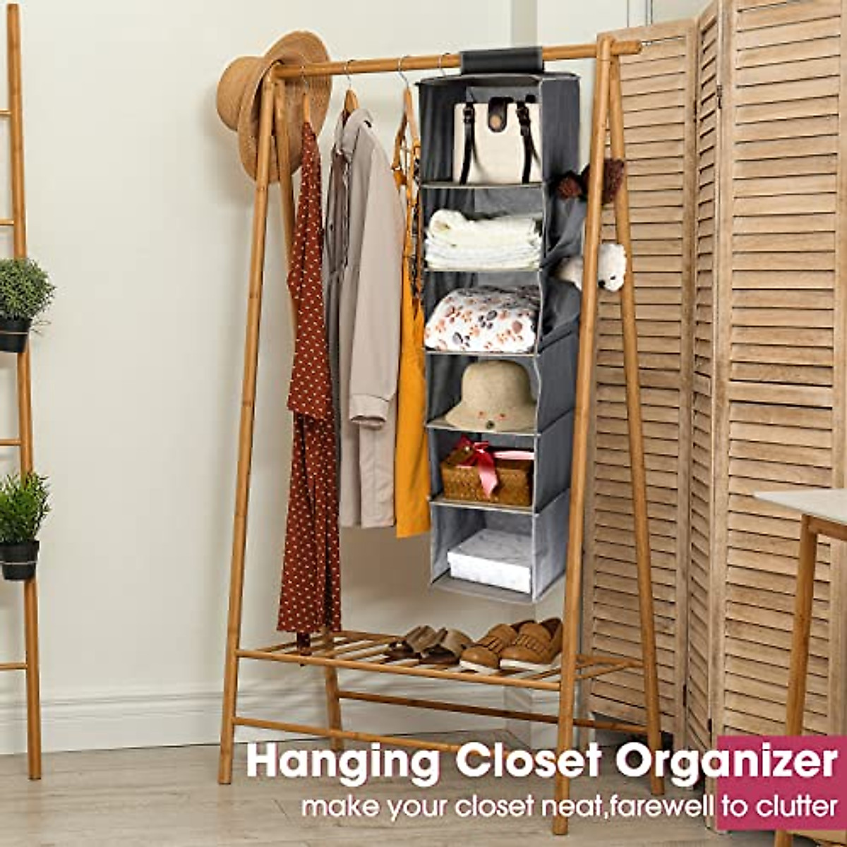 3 Pack Hanging Closet Organizers and Storage, 6 Shelf Hanging Clothing Shelves Collapsible Clothes Closet Organizer Storage Fabric Shelves with Side Pockets