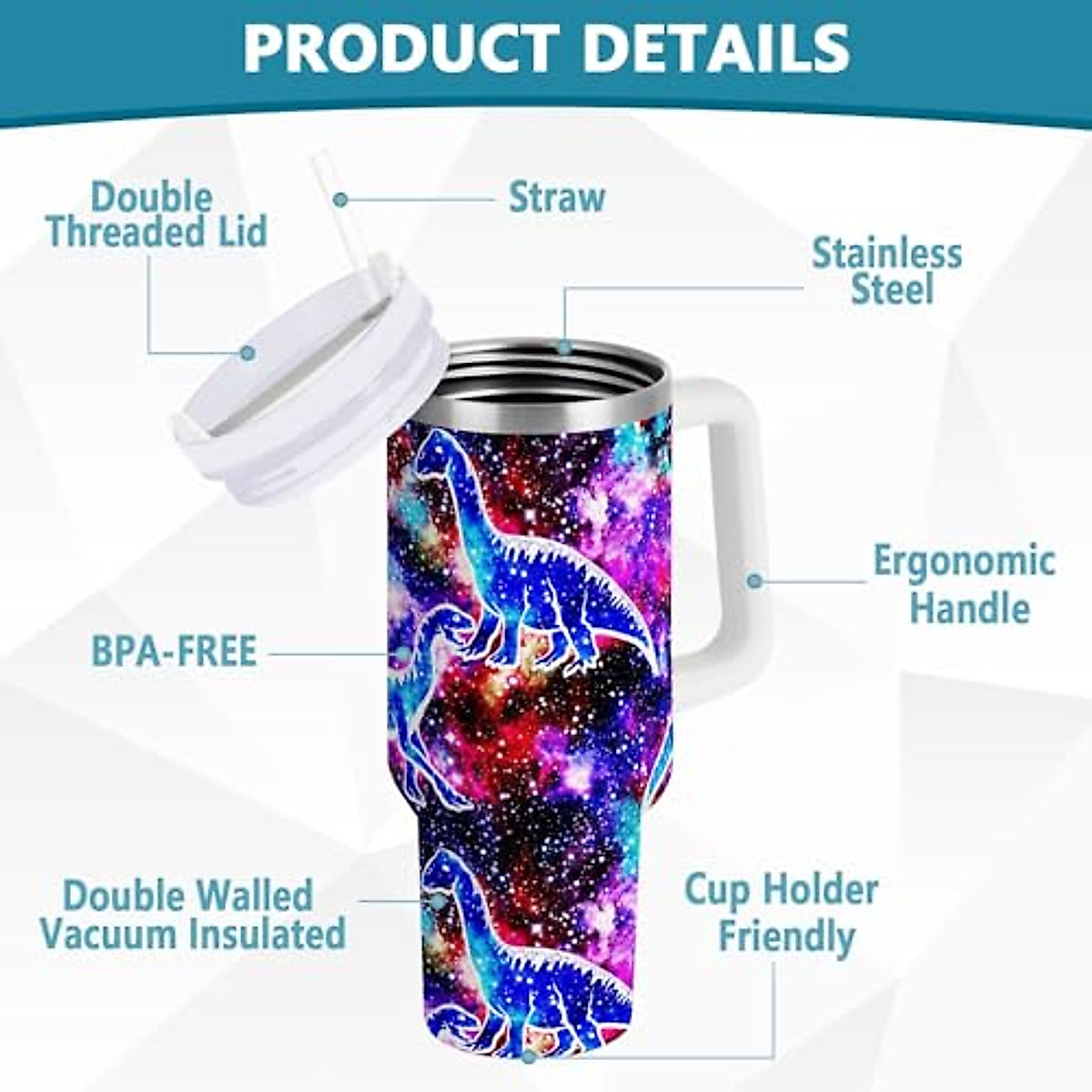 ODAWA 40oz Spill Proof Tumbler with Straw, Dinos Space Galaxy Steel Insulated Tumbler with Handle and Straw Lid