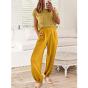 ANRABESS Women's Two Piece Outfits Knit Sweater Vest Crop Top Pants Lounge Matching Tracksuit Sweatsuit Travel Clothes Sets Yellow Large