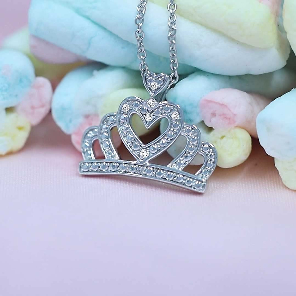 Elmas 0.05CT Round White Diamond 925 Sterling Silver Crown Pendant Necklace for Women