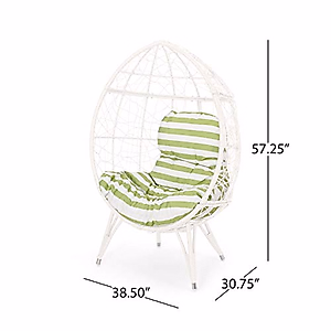 Valerie Outdoor Wicker Teardrop Chair with Cushion, White and Green
