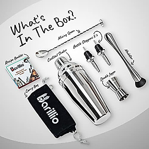barillio Elite Cocktail Shaker Set Bartender Kit 24 oz Stainless Steel Martini Mixer, Muddler, Mixing Spoon, Jigger, 2 Liquor pourers, Velvet Bag, Recipes Booklet & eBook