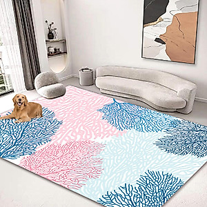 QH Blue and Pink Coral Area Rug 5'x6' Floor Mats Washable Non-Slip Large Rugs for Living Room Kitchen Bedroom Dining Room Outdoor Home Decor