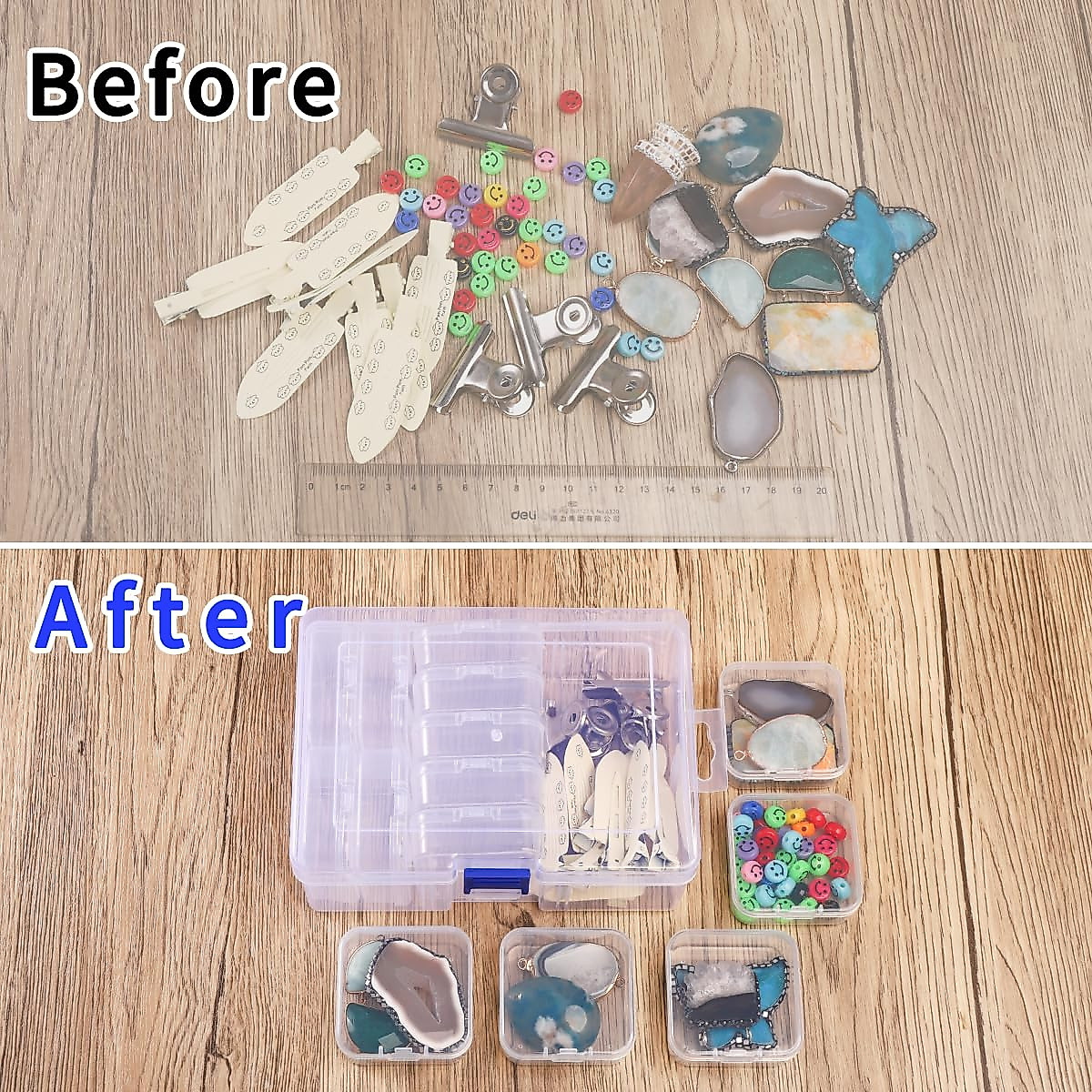 Bead Organizer Box, 14Pcs Small Clear Plastic Storage Containers, 1 Large Craft Organizer Box,Mini Parts Storage Solution for Beading Jewelry Making Diamond Arts Screws Seeds