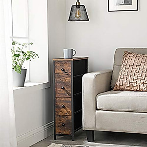SONGMICS Narrow Dresser, Vertical Storage Unit with 4 Fabric Drawers, for Small Spaces and Gaps, Metal Frame, Slim Storage Tower, for Living Room, Laundry, Closet, Rustic Brown and Black ULGS041B01