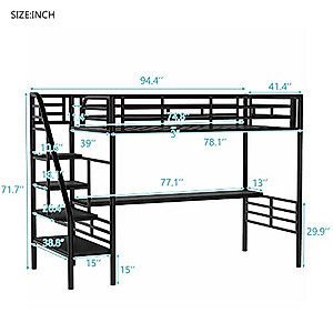 GLORHOME Metal Twin Size Loft Bed with Long Desk & Safety Stairway,Space-Saving Kids Loftbed Frame for Kids Teens Children, No Box Spring Needed, Black