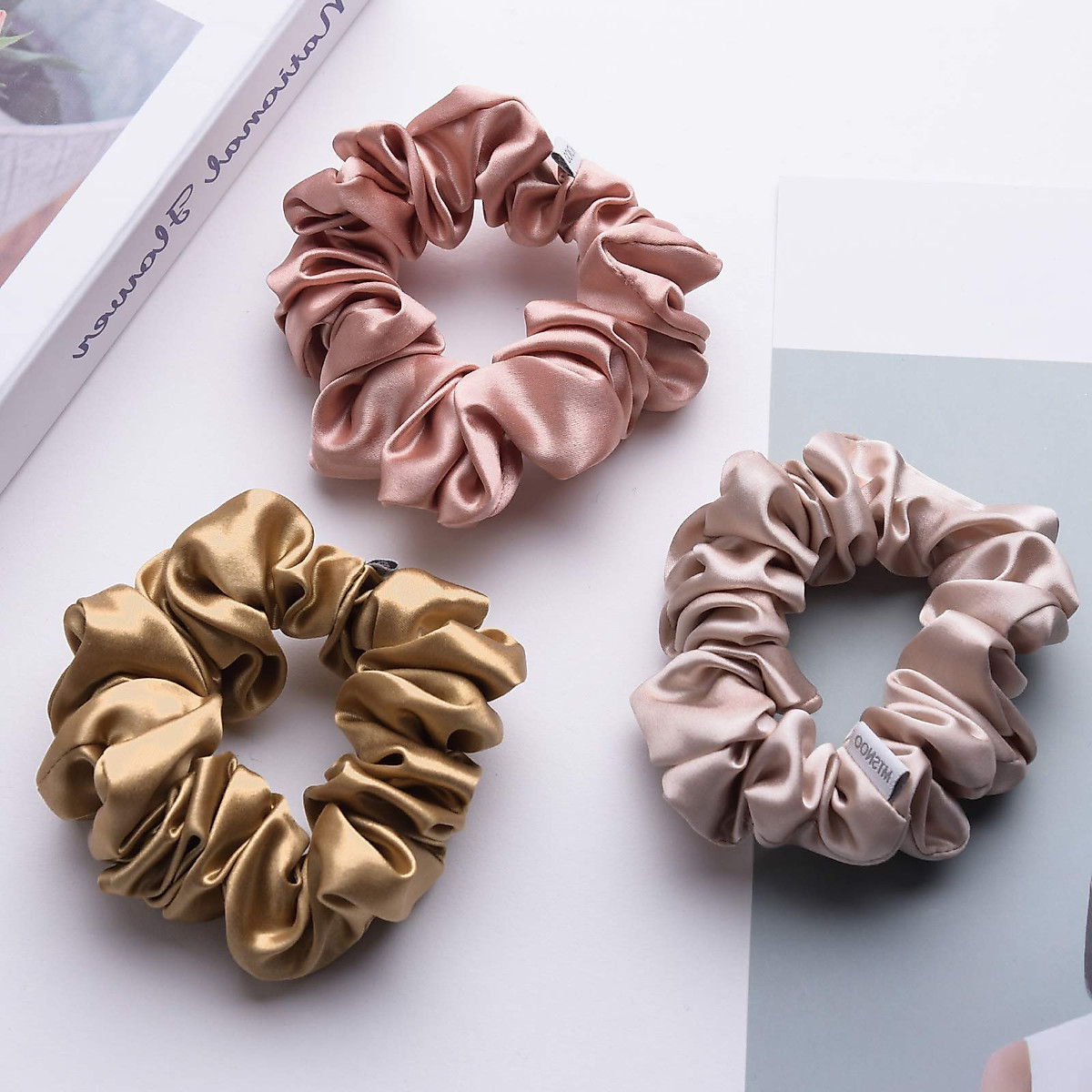 MTSNOO Silk Scrunchies, 3 Pack - 100% Pure 22 Momme Mulberry Silk Scrunchies for Curly Hair with Elastic Band - Hair Ties Ropes Scrunchies Set for Women Girls - RoseGold, Champagne, Gold