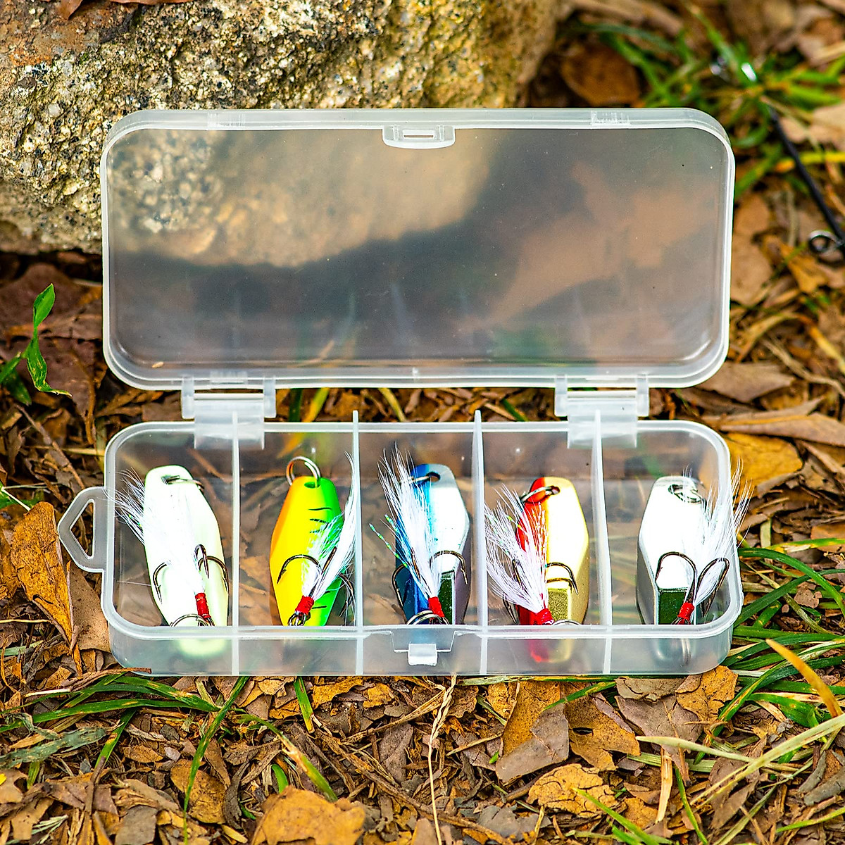 Goture Fishing Spoons Lures,Metal Spoon Trout Lures,Long Distance Casting Fishing Lures for Trout Bass Crappie Pike Saltwater and Freshwater Fishing, 5 Size Jigging Spoons with Fishing Tackle Box