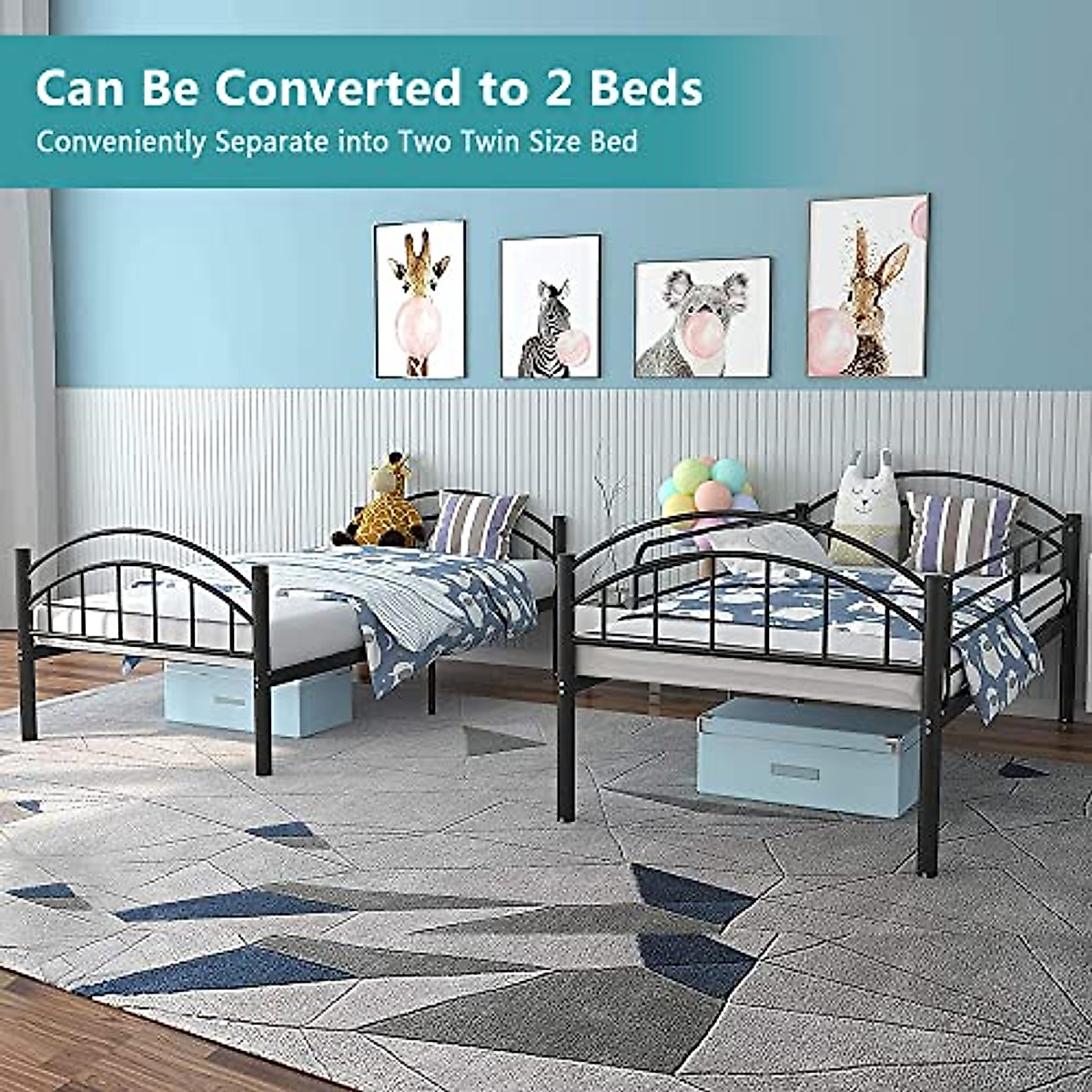 Metal Bunk Beds Frame Twin Over Twin, Convertible Into 2 Individual Metal Bed Frame, Removable Ladder & Safety Guard Rail (Twin Over Twin, Black)