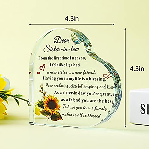 YWHL Sister in Law Birthday Gifts, Unbiological Sister Gift, Heart Shape Glass Keepsake Decor Anniversary Wedding Gifts for Sister In Law, Thanksgiving Christmas Gift