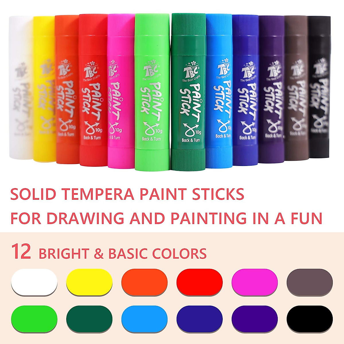 TBC The Best Crafts Paint Sticks,12 Classic Colors, Washable Paint, Non-toxic, Tempera Paint Sticks for Kids and Students
