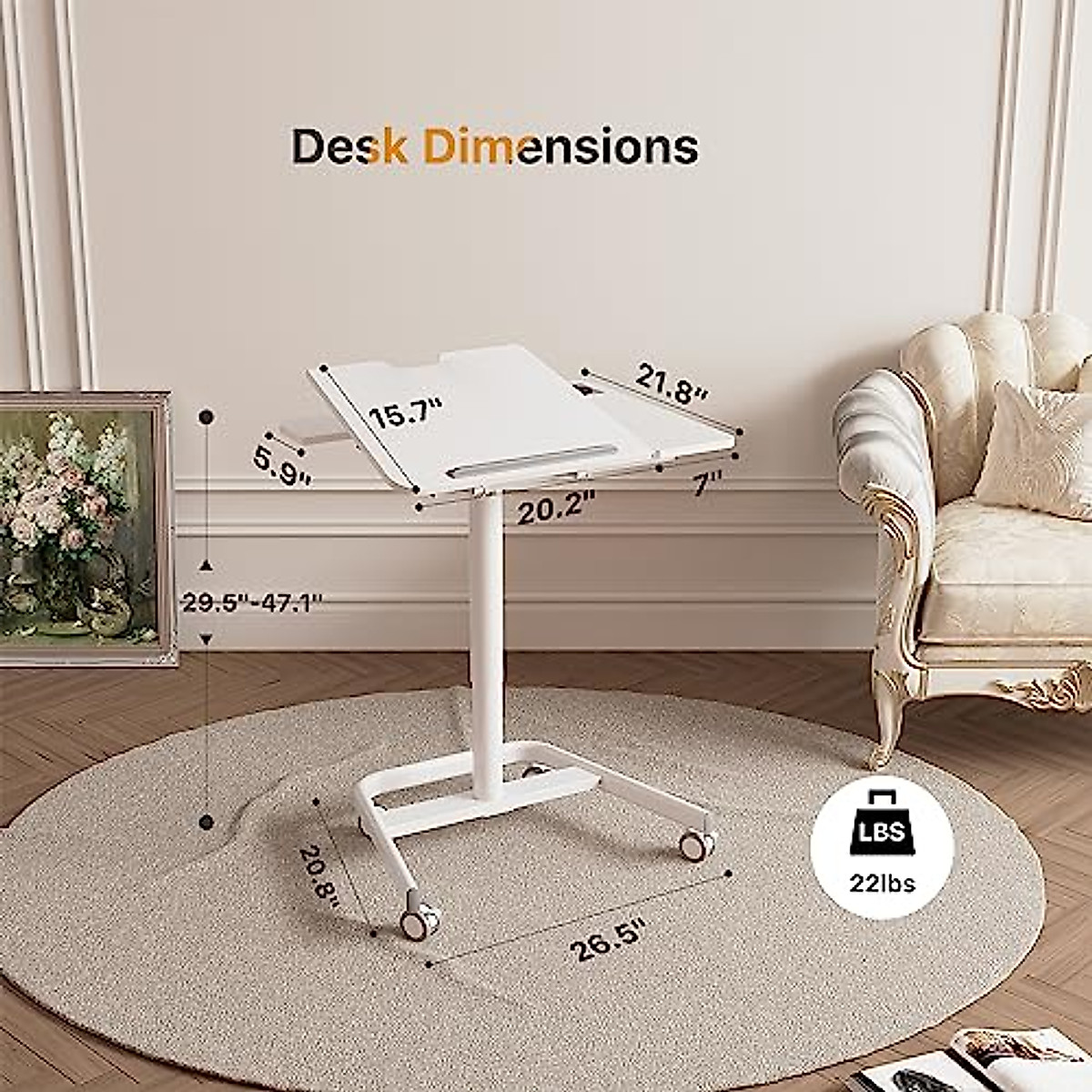 JOY worker Mobile Standing Desk, Pneumatic Height Adjustable Table, 60° Tiltable Rolling Laptop Desk, Portable Sit Stand Desk with Wheels Cup Holder for Bed Couch School, Holds Up to 22lbs, White