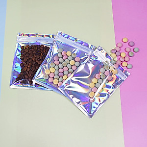300 Packs Mylar Bags, 3 Sizes Smell Proof Bag Resealable Mylar Bags for Food Storage, Holographic Ziplock Bags with Front Window Packaging Pouch for Sample Snack Cookies Jewelry (Holographic)