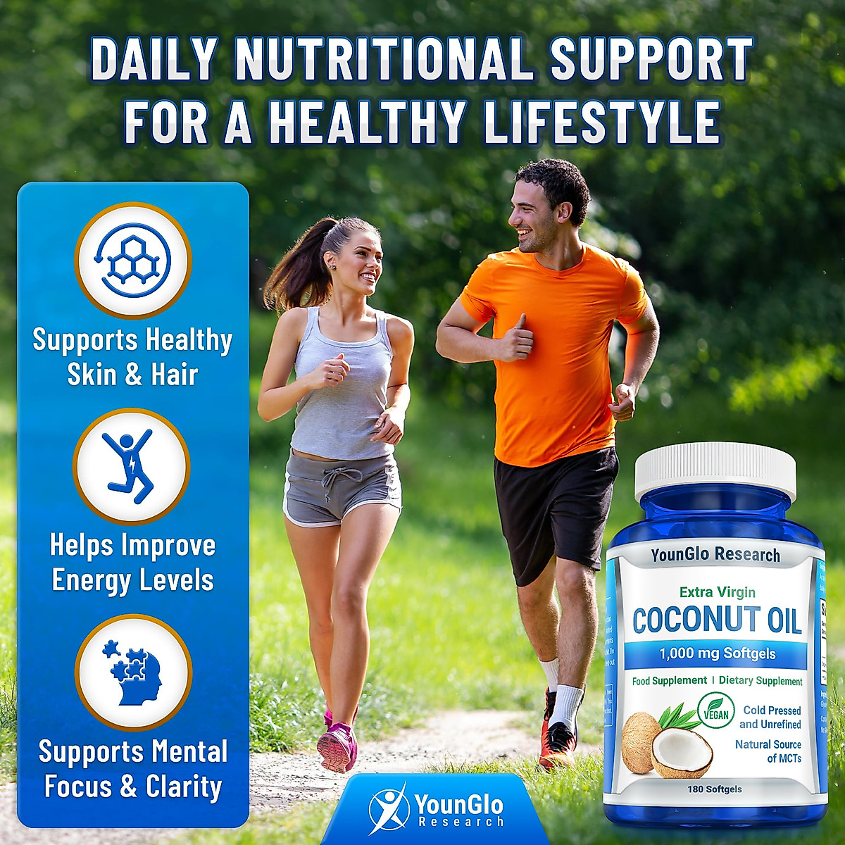 YounGlo Research Coconut Oil 1000 mg 100% Cold-Pressed Organic Extra Virgin Coconut Oil 180 Vegan Softgel Capsules Keto-Friendly Dietary Supplement Support for Hair, Nails & Skin Health