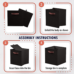 Ornavo Home 11 x 11 Storage Cube Bins, Foldable Collapsible Fabric Storage Bins Box Linen Shelf Basket Cube Organizer for Closet with Leather Handles, 6 Pack, Black
