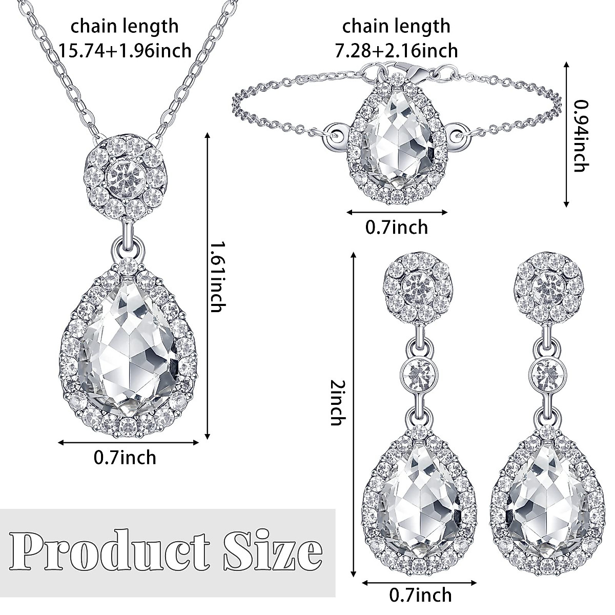 Bridesmaid Jewelry Set for Women 8 Sets Bridal Jewelry Set Wedding Silver Bridal Necklace Teardrop Dangle Earrings Bracelets Bride Prom Jewelry Sets for Women (Silver)