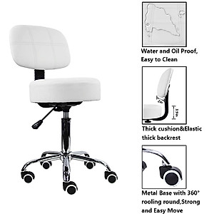 KKTONER Round Rolling Stool with Back PU Leather Height Adjustable Swivel Drafting Work SPA Salon Stools Chair with Wheels White