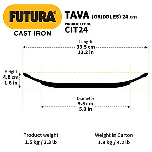 HAWKINS Futura 24 cm Cast Iron Tava, Cast Iron Tawa for Roti, Cast Iron Cookware for Kitchen, Black (CIT24)