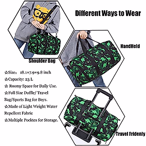 Duffle Bag for Kids Travel Overnight Bags Boys Sport Gym Bag with Shoe Compartment & Wet Pocket, Small Carry-On Size & Ideal for School Practice or Weekender Travel Bag （Green DInosaur）