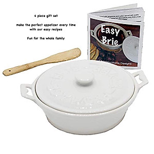 White Camembert Baker and Brie Baker with Cookbook. Brie Cooker comes with Spatula, Lid, Base and Cookbook. Brie Baking Dish is Microwave, Dishwasher and Oven Safe by Christina Home Designs.
