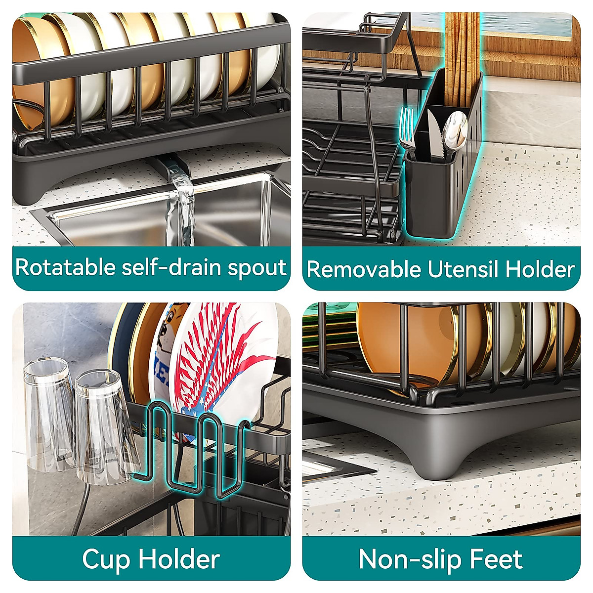 PXRACK Dish Drying Rack, Dish Racks for Kitchen Counter, Rrustproof Large 2 Tier Dish Drying Rack, Space-Saving Dish Drainers for Plate Utensil Cup Dish Drying Rack with Drainboard