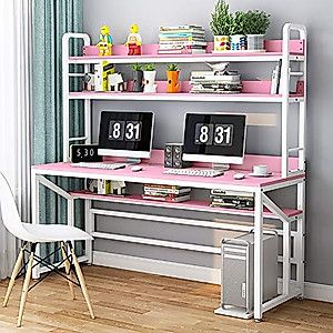 TOPYL Computer Desk with Hutch,Modern Writing Desk with Storage Shelves,Office Study Desk Gaming Desk Workstation for Home Office,Wood + Metal Legs