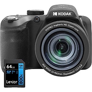 Kodak AZ405BK PIXPRO Astro Zoom 20MP Digital Camera 40X Optical Zoom 24mm Black Bundle with Lexar 64GB High-Performance 800x UHS-I SDHC Memory Card Blue Series