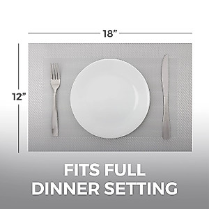 Home Genie Heat Resistant Placemats, Dining Room Table Mats, Protect Surfaces, Woven Placemat Setting for Dinner, Washable Vinyl Food Grade Mat, Kitchen Decor Accessories, Set of 4, Size 18x12, Silver